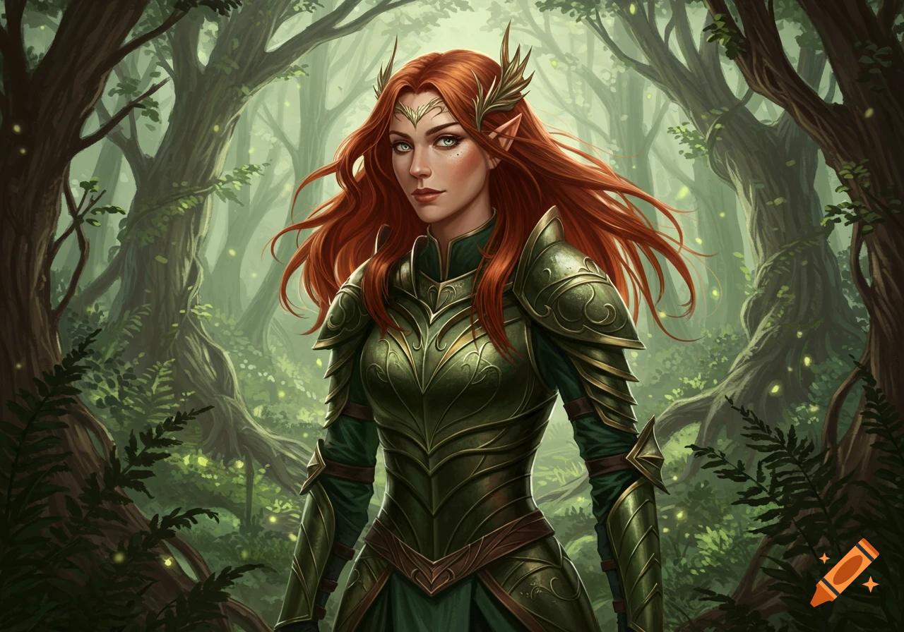 Digital painting of a red-haired woodland elf with antler crown and two ...