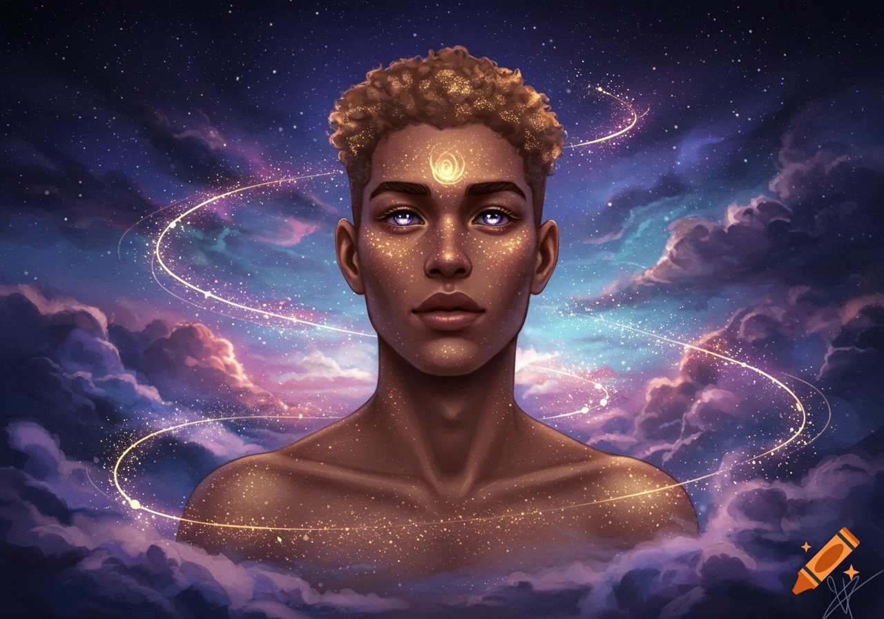 Digital art portrait of a magical person with light brown skin, gold ...