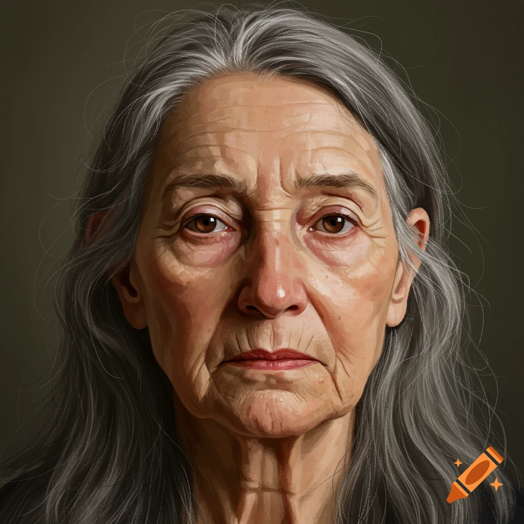 Close-up digital painting of an elderly woman with long gray hair ...