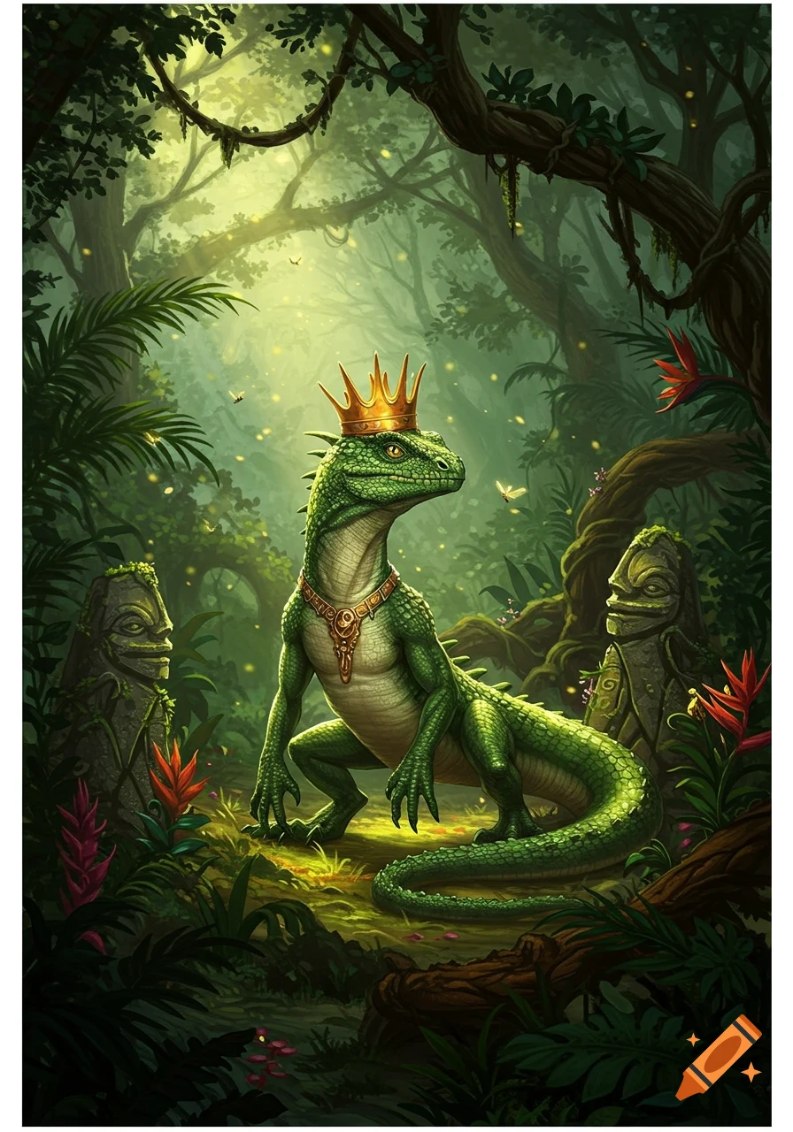 A green lizard king with a golden crown and necklace stands in a lush ...