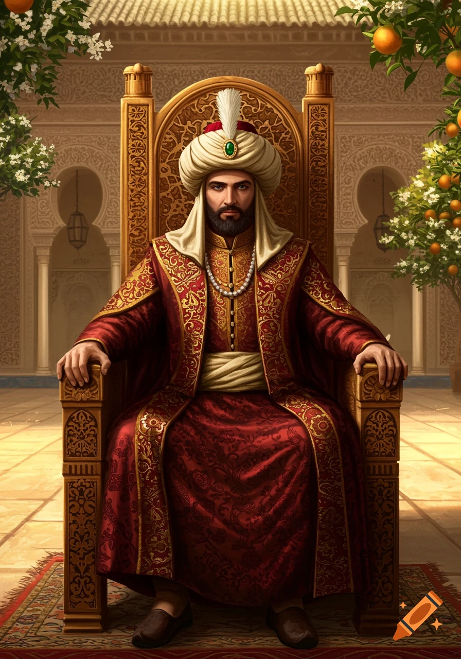 Regal man in a red turban and opulent jewelry holding up a large ...