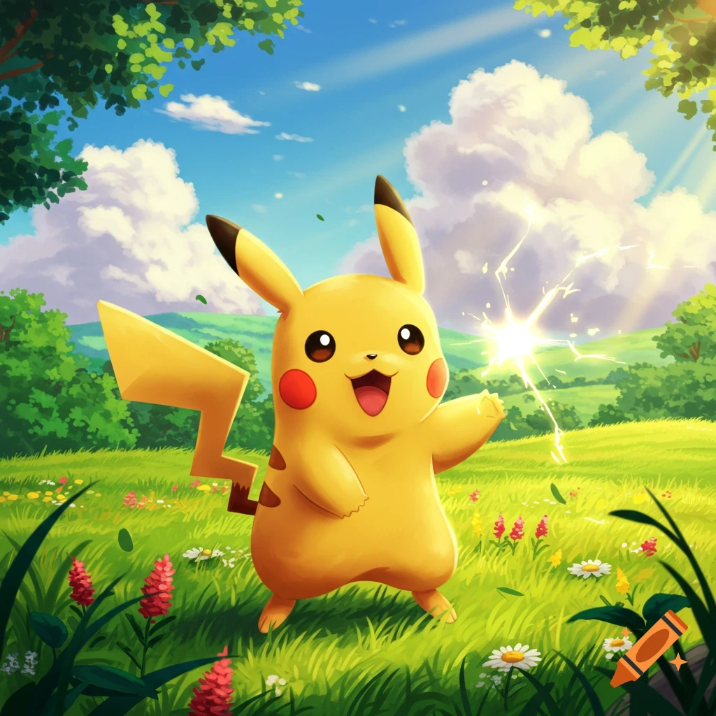 Cute yellow Pikachu with red cheeks smiles with lightning around it, standing against a vibrant ...