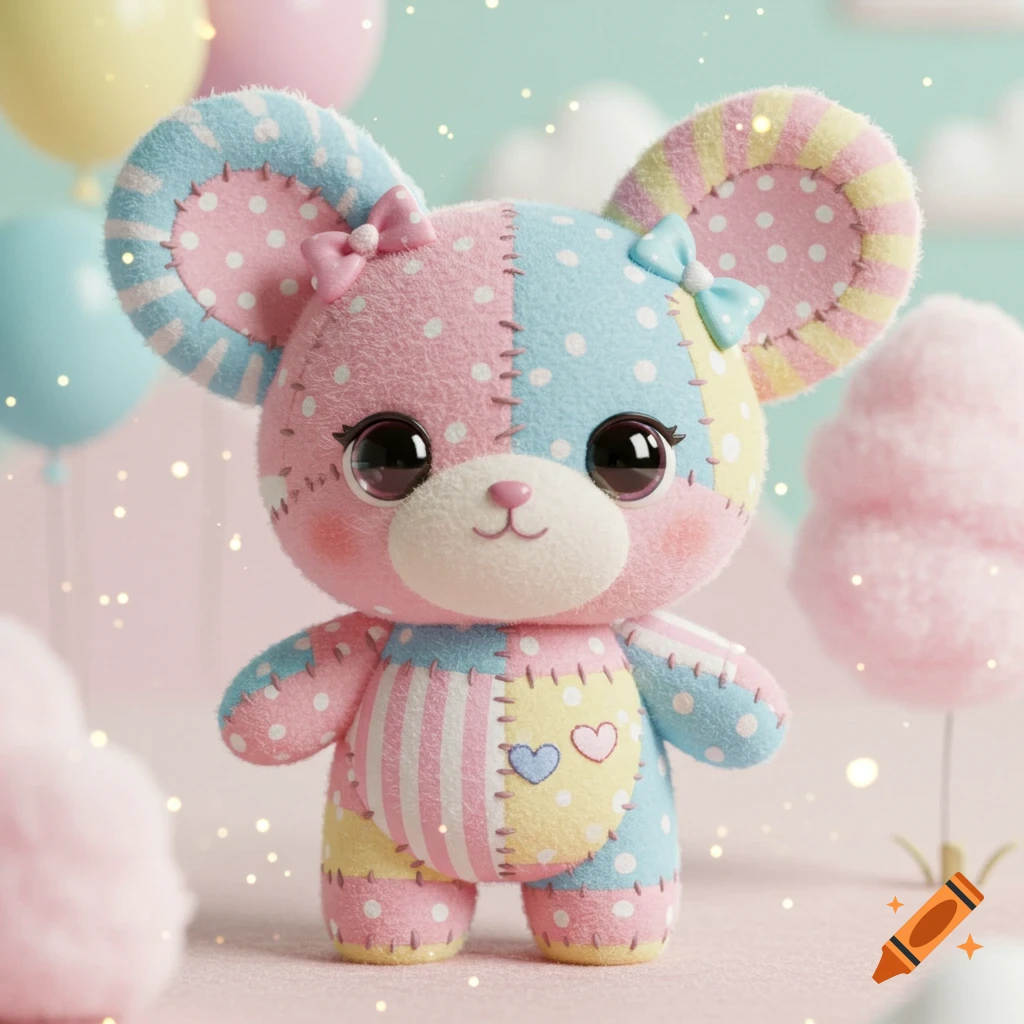 Cute patchwork plush character with big eyes and bows, surrounded by ...