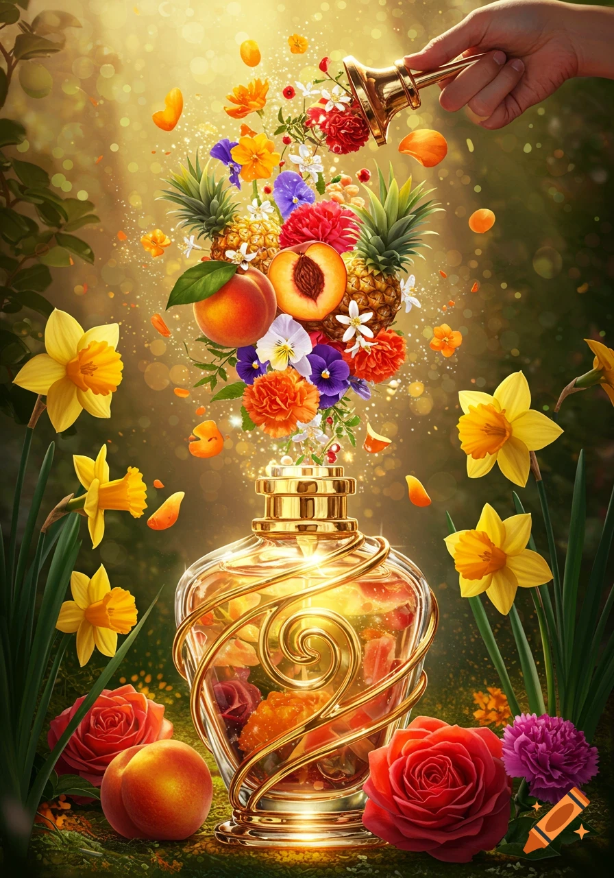 A magical perfume bottle surrounded by a vibrant array of flowers and ...