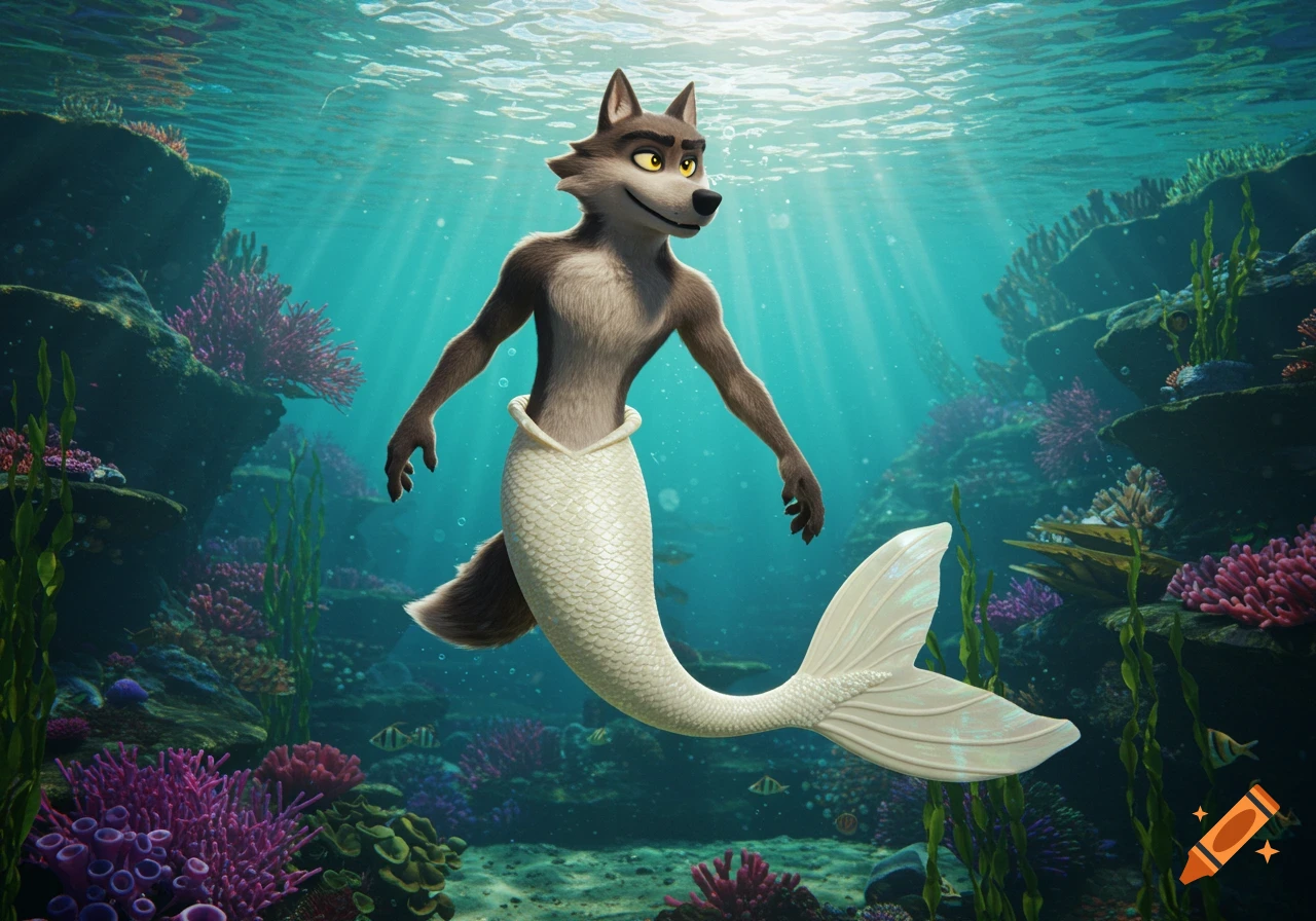 3D animated Mr. Wolf with a cream-white mermaid tail swims underwater ...