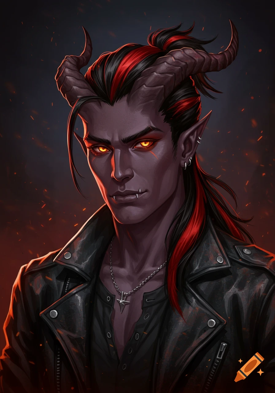 Digital art portrait of a male tiefling with dark skin, glowing amber ...