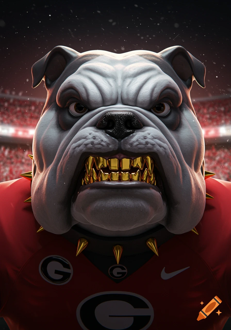 Close-up of a fierce bulldog mascot with gold teeth wearing a red ...