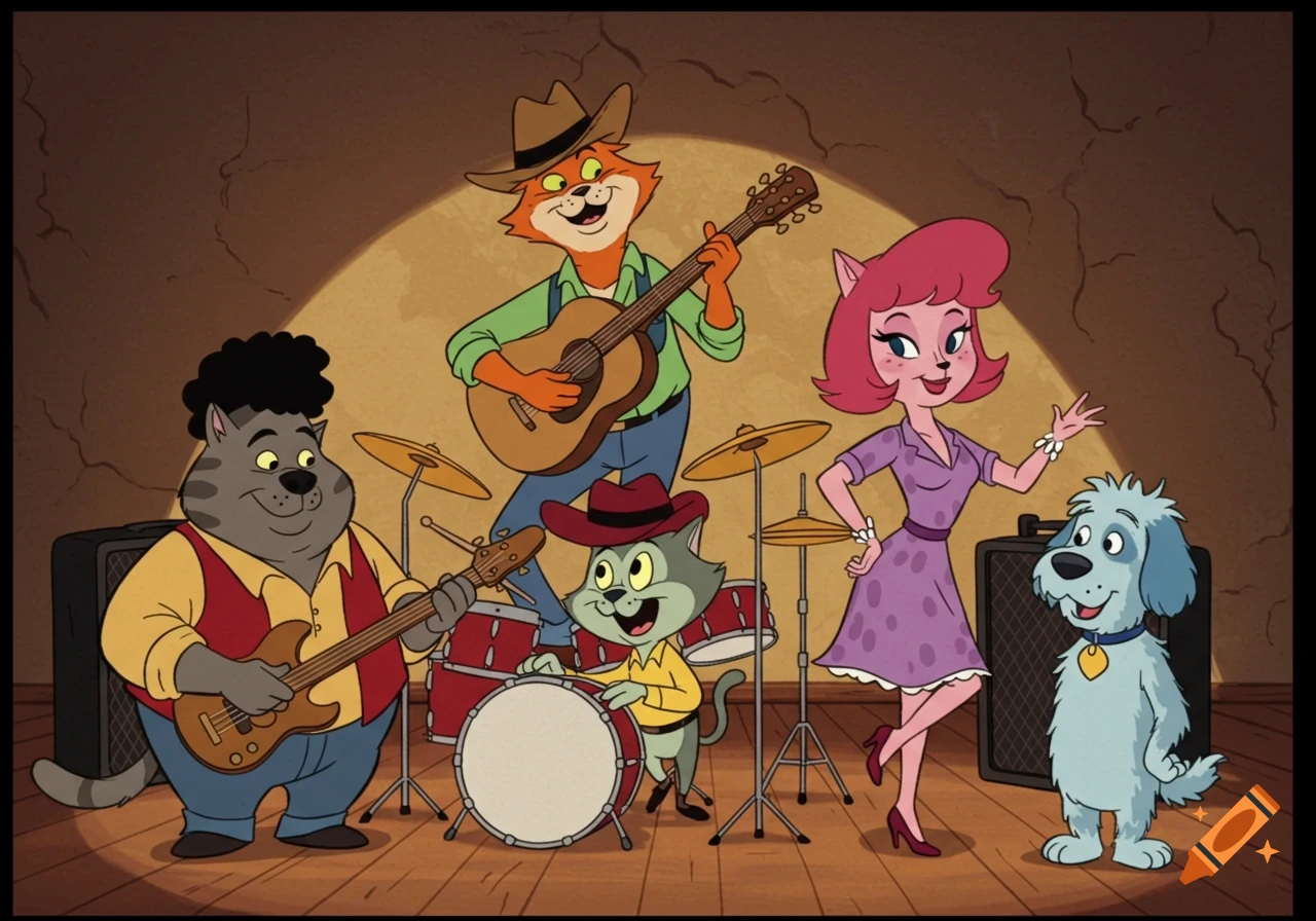 A cartoon band of anthropomorphic cats and a dog playing instruments on ...