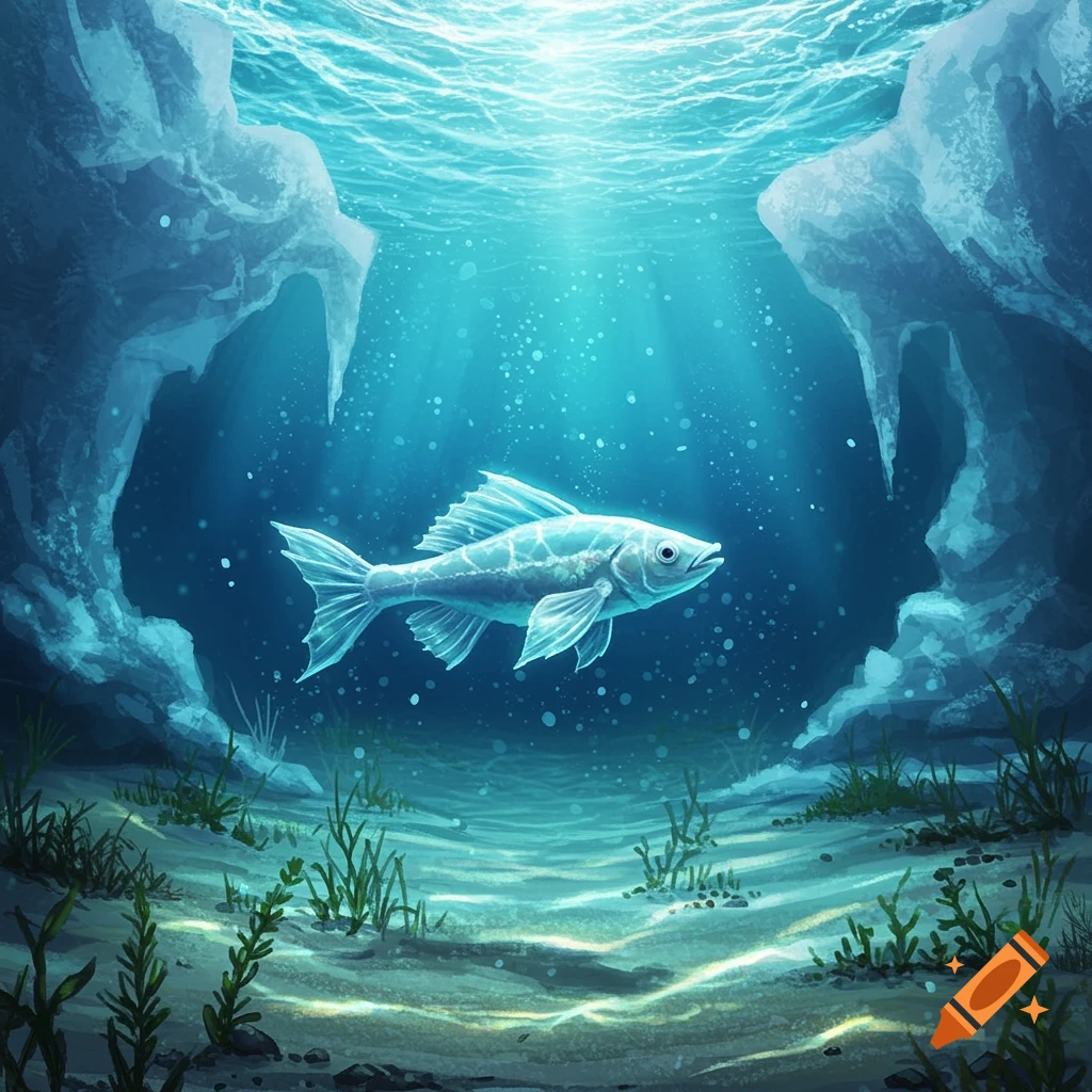 An ice fish swims gracefully in clear blue arctic waters, with sunlight ...