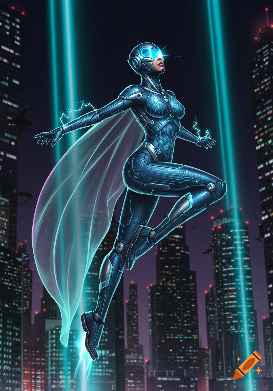 A futuristic female superhero in blue and silver armor with a visor and ...