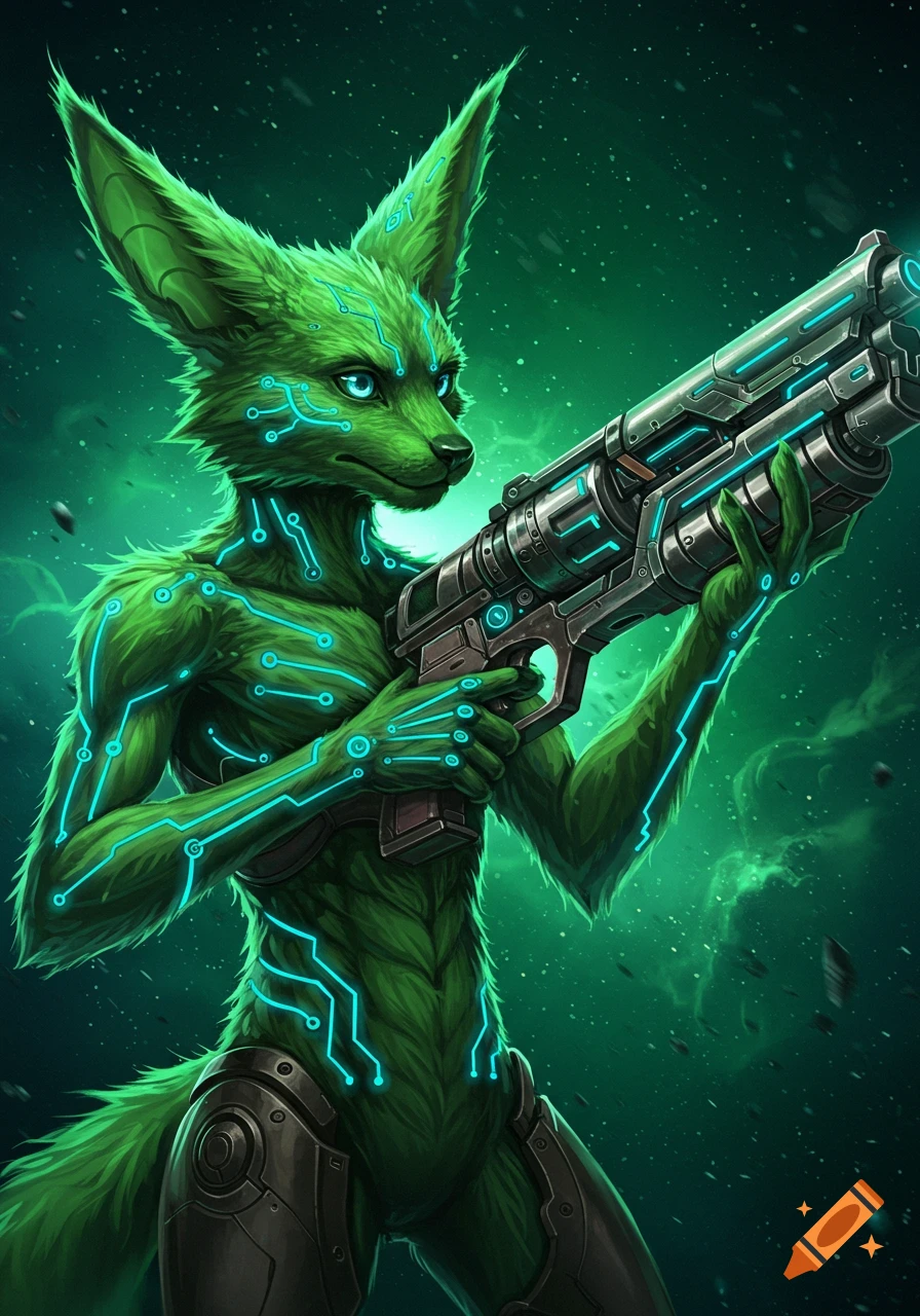 A vibrant green furry character with glowing blue circuitry lines ...