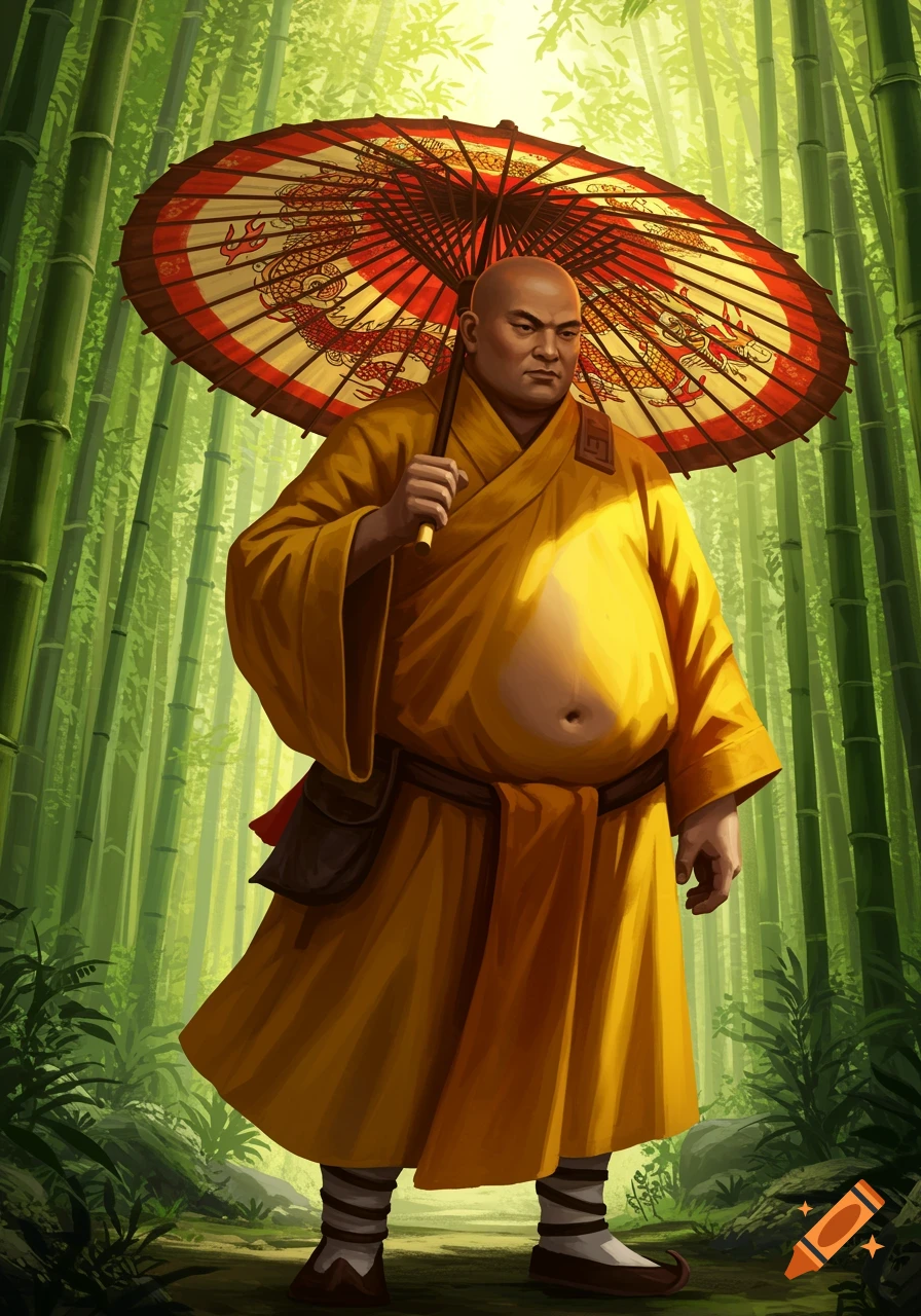 A bald, large-bellied Shaolin monk in a yellow robe stands in a bamboo ...