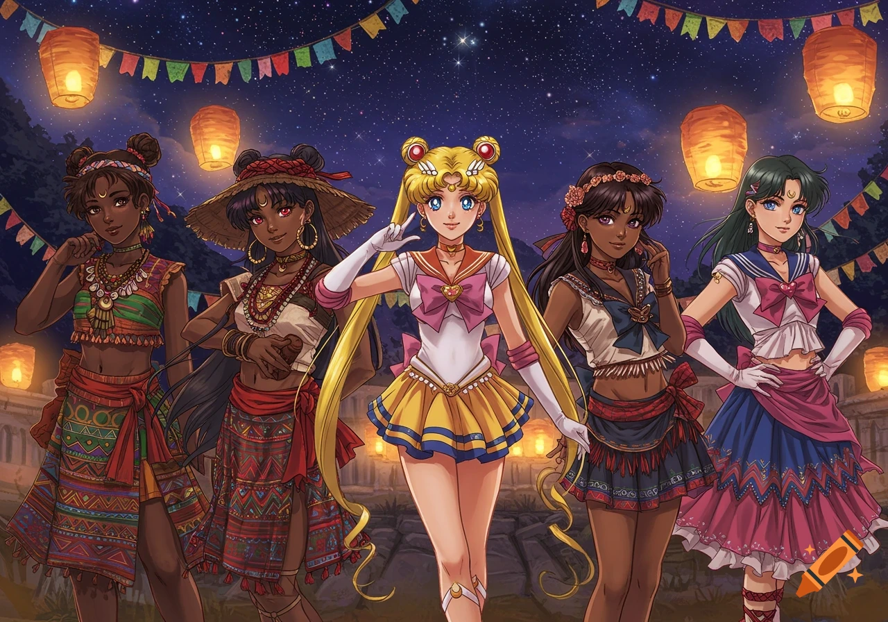 Five anime-style Sailor Moon characters with diverse skin tones wear ...