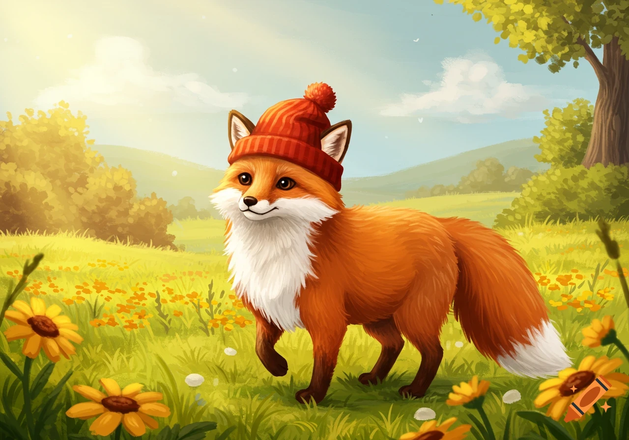 A cute cartoon fox stands smiling in a sunny, green meadow with flowers ...