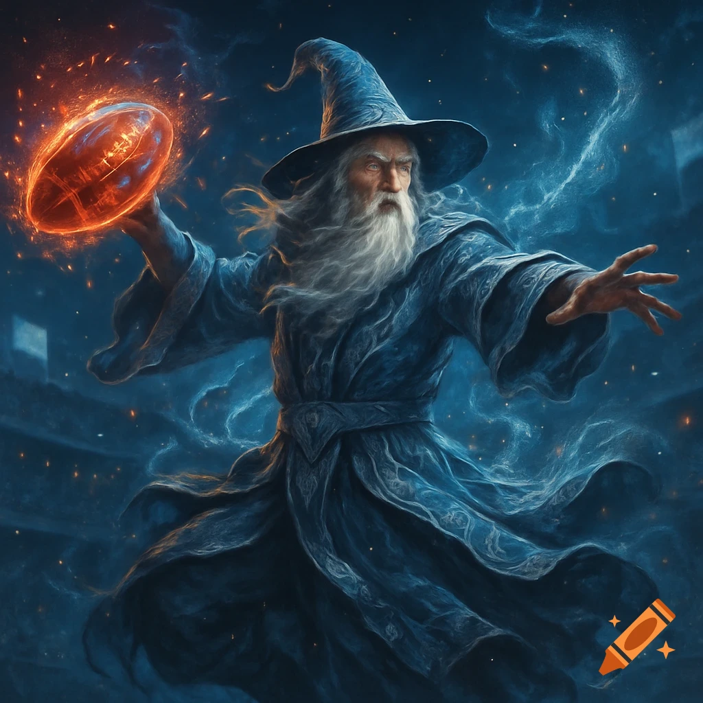 A wizard in blue robes and a pointed hat with glowing eyes uses magic ...