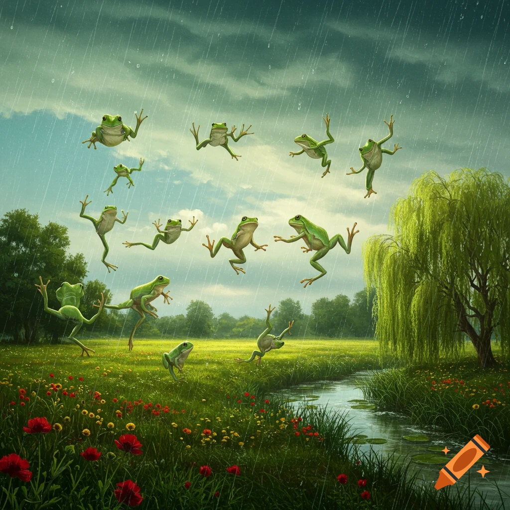 Numerous green frogs jumping and falling in a grassy field with a ...