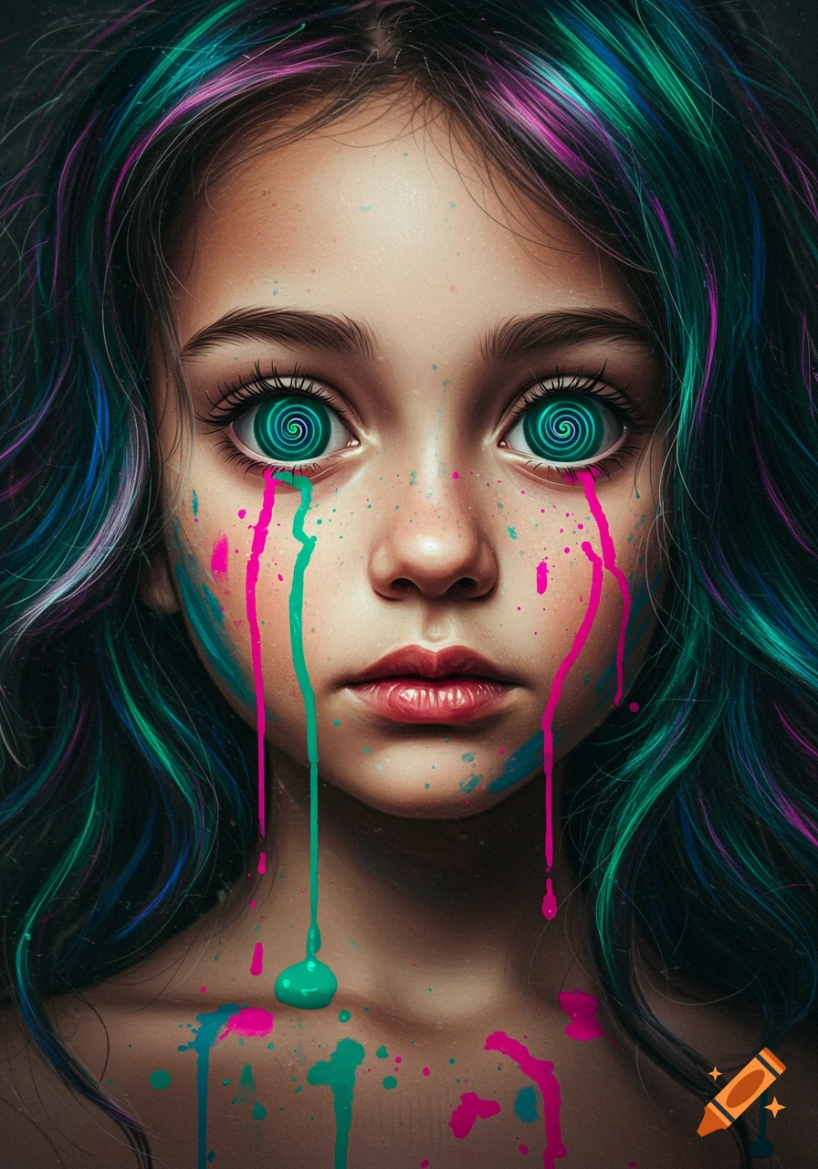 Close-up portrait of a girl with spiral green eyes, colorful hair, and ...