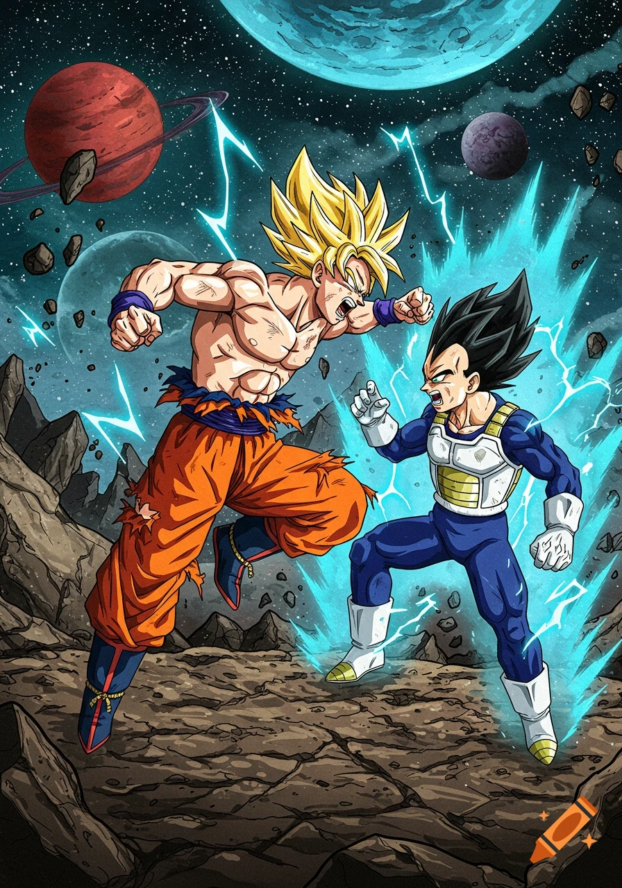 Anime style illustration of Ultra Instinct Goku and Ultra Ego Vegeta ...