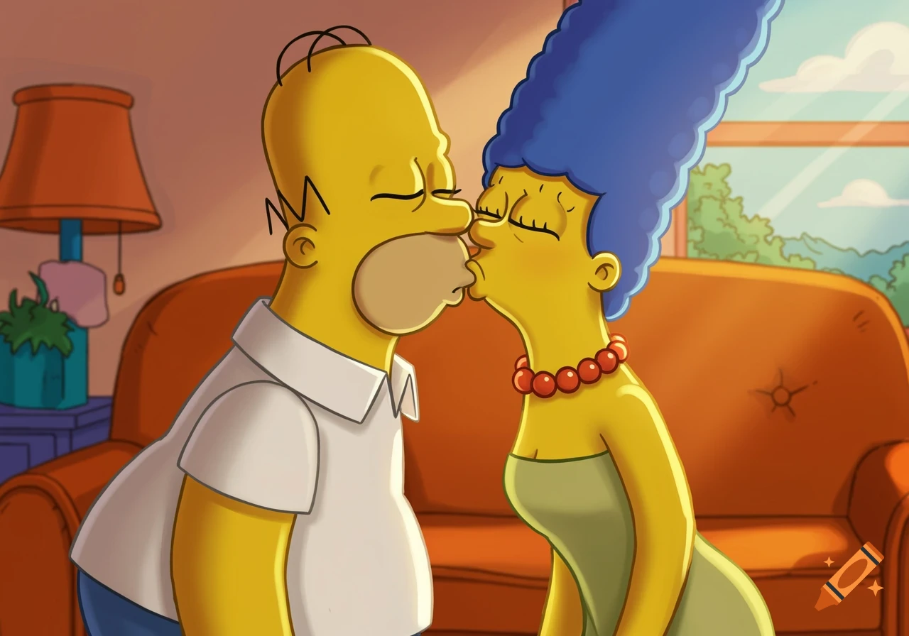 Homer and Marge Simpson share a tender kiss while sitting on a couch in a cartoon style. on Craiyon