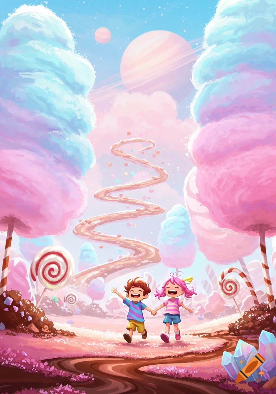 Two cheerful children explore a vibrant pastel candy land with cotton ...