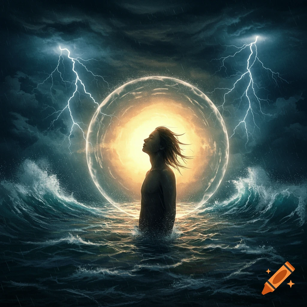 A person stands calm amidst a stormy ocean with lightning, protected by ...