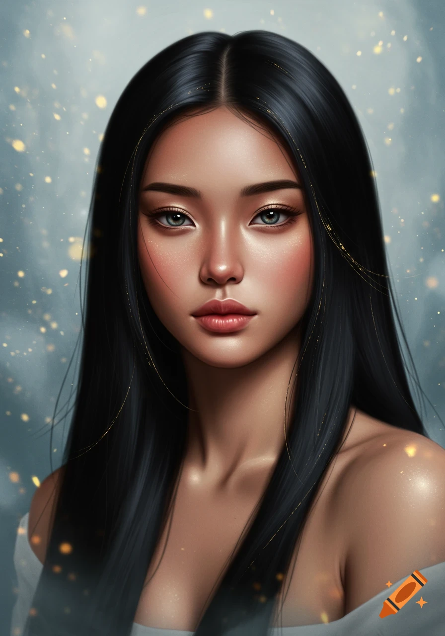 Close-up digital painting of a serene ethereal elf with long wavy ...