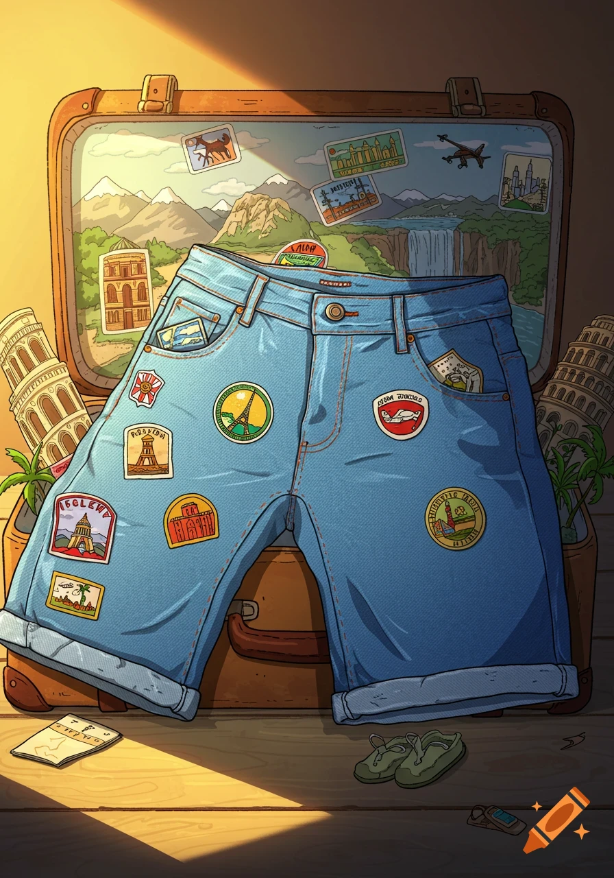 A person wearing blue denim overalls, a red t-shirt, and red sneakers ...