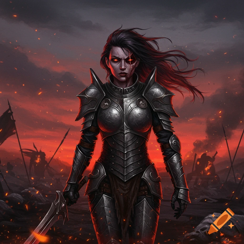 A fierce warrior woman in spiked armor stands on a burning battlefield under a dramatic red sky ...