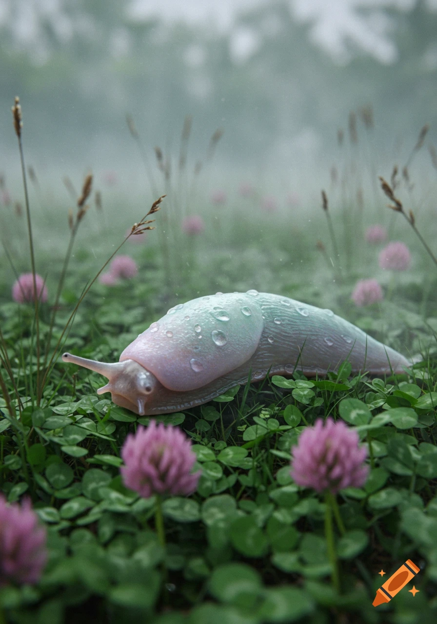 A photorealistic close-up of a slug covered in water droplets, crawling ...