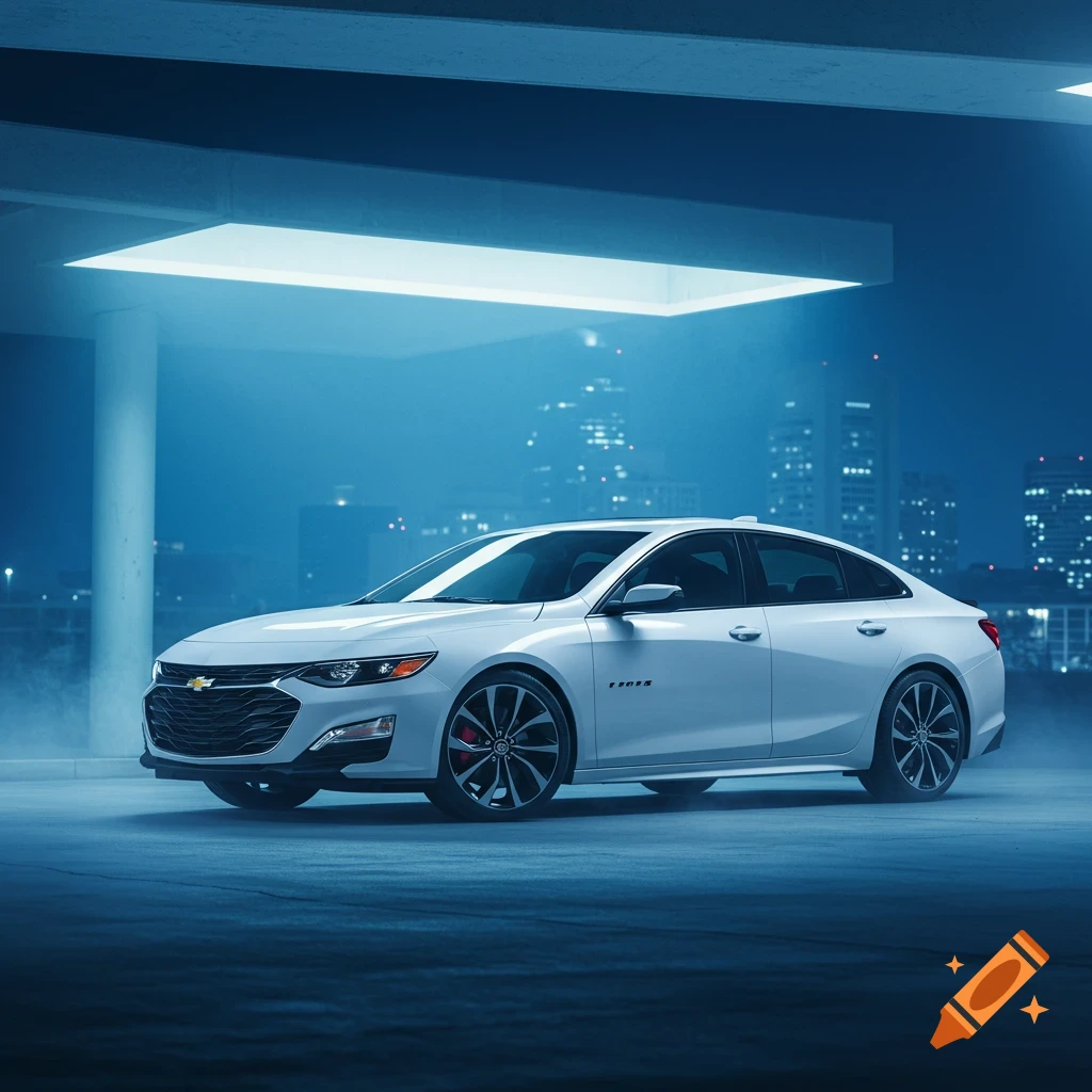 A silver Chevrolet Malibu sedan parked on a street at night, with a ...