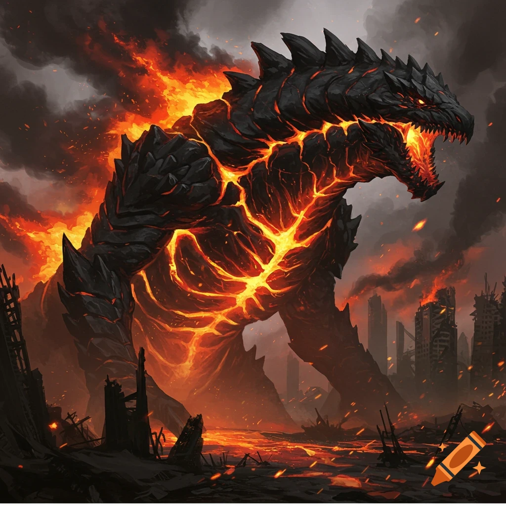 A menacing, horned fire and lava monster stands in a desolate, volcanic ...
