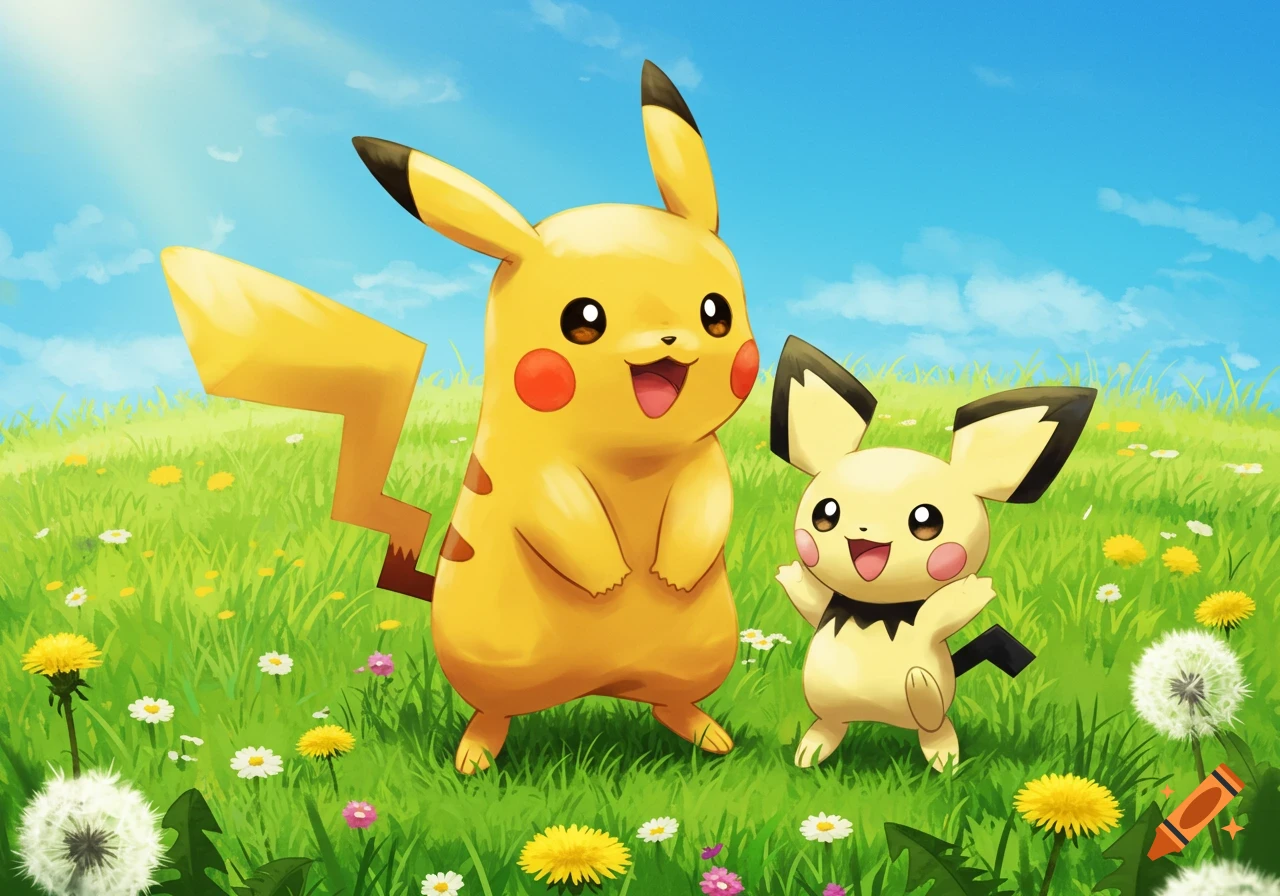 Cartoon Pikachu joyfully rides a white unicorn with a rainbow mane and ...