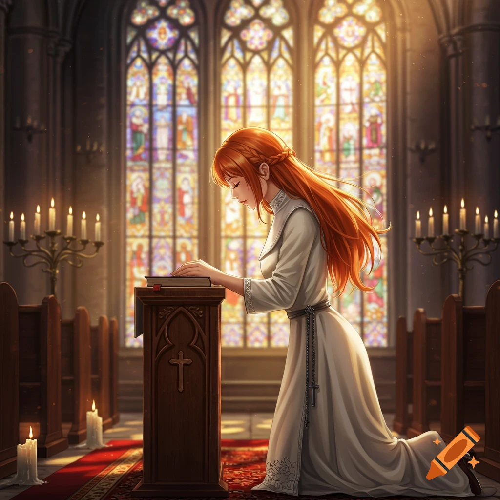 A red-haired nun kneels and prays at a wooden lectern in a candlelit ...