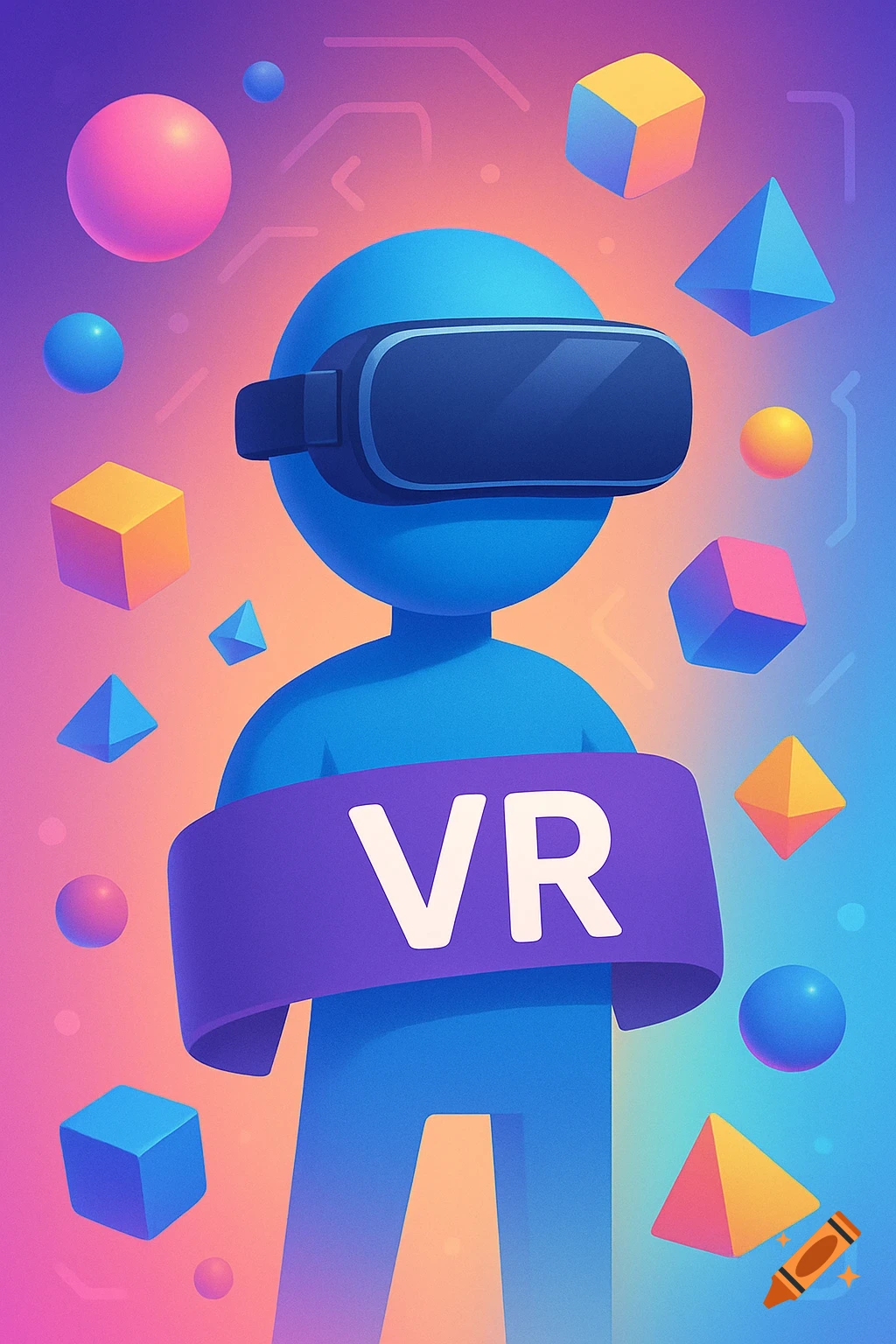 A stylized blue character wearing a VR headset, surrounded by colorful ...