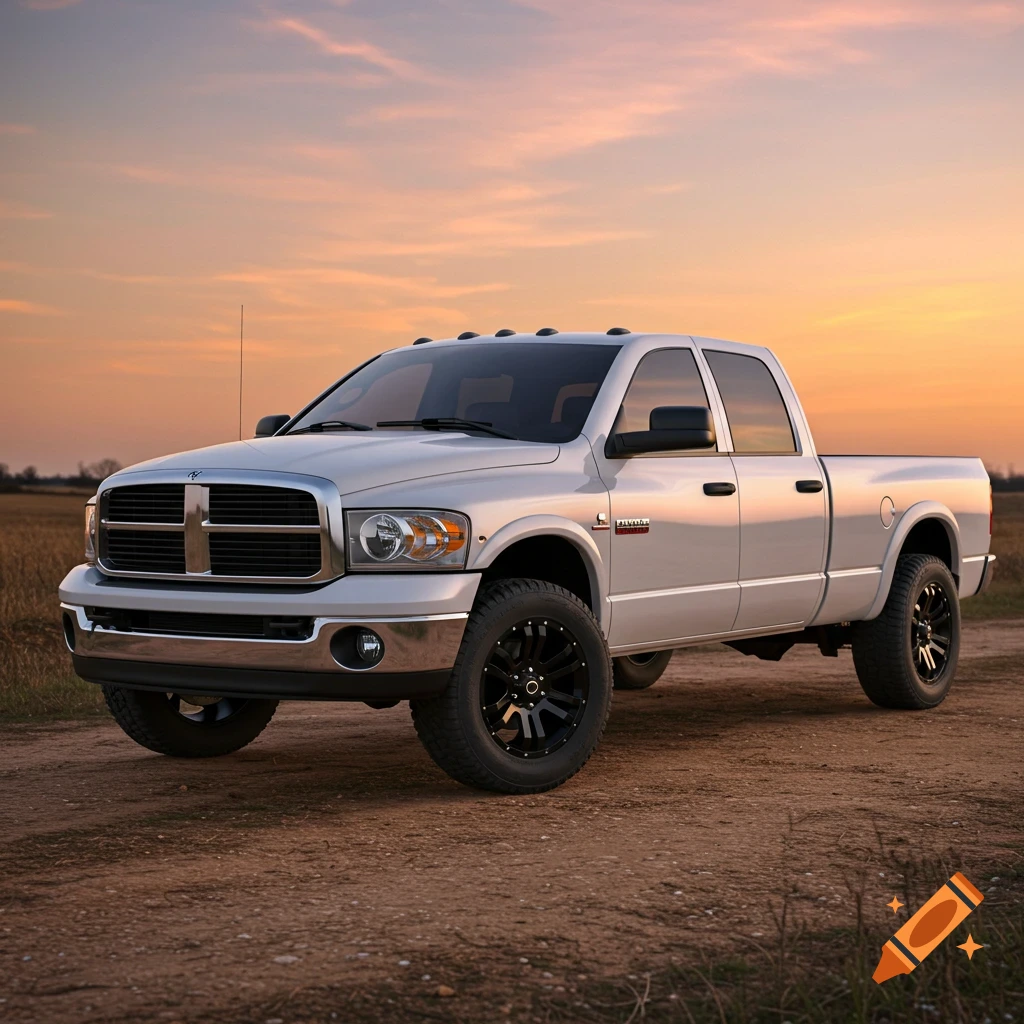 A white 2005 Dodge Ram 2500 pickup truck with black wheels parked on a ...