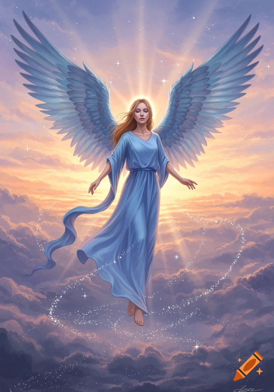 A majestic angel with light blue wings and a flowing blue gown floats ...