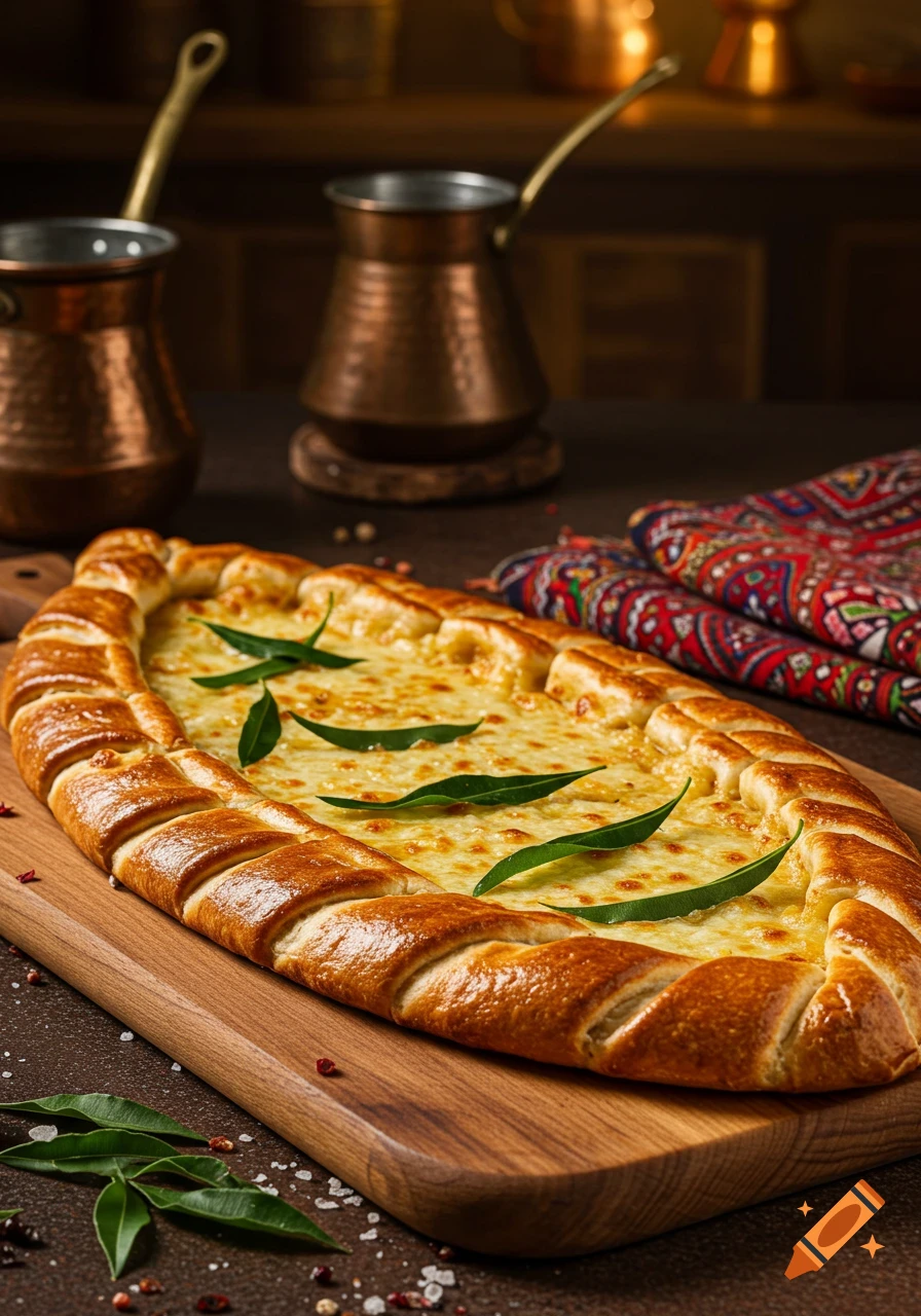 Golden Turkish pide topped with melted cheese and green leaves on a ...