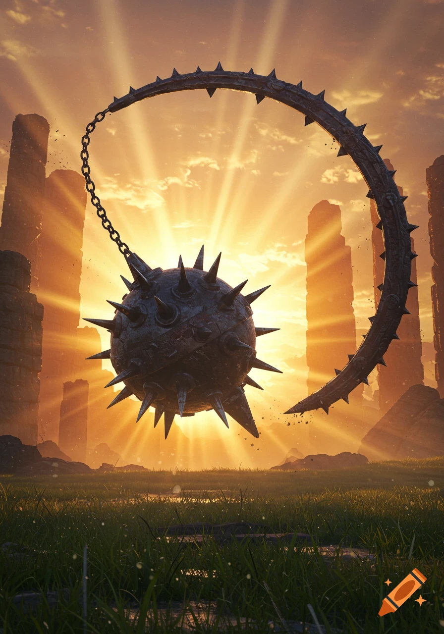 A giant spiked flail hangs over a grassy field with ancient stone ...