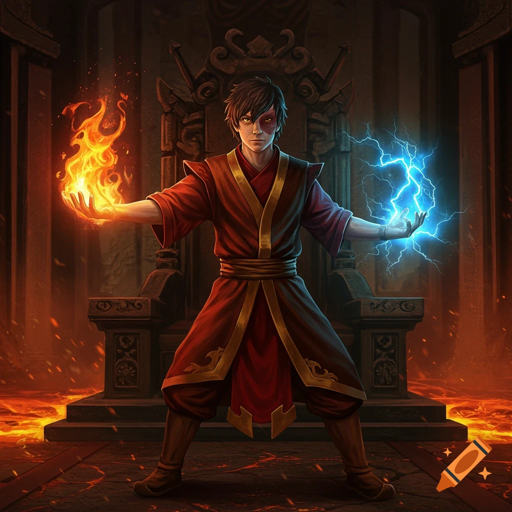 A powerful man resembling Zuko stands in a dark, lava-filled throne ...