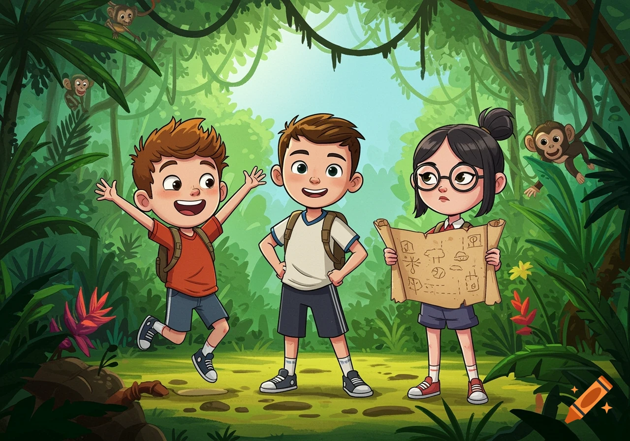 Three cartoon children explore a vibrant jungle with monkeys, one ...
