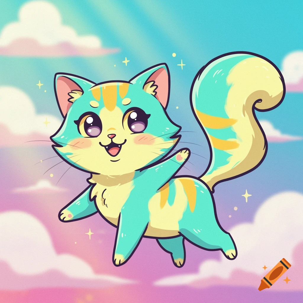 A cute teal and yellow cartoon cat with big eyes floating in a pastel ...