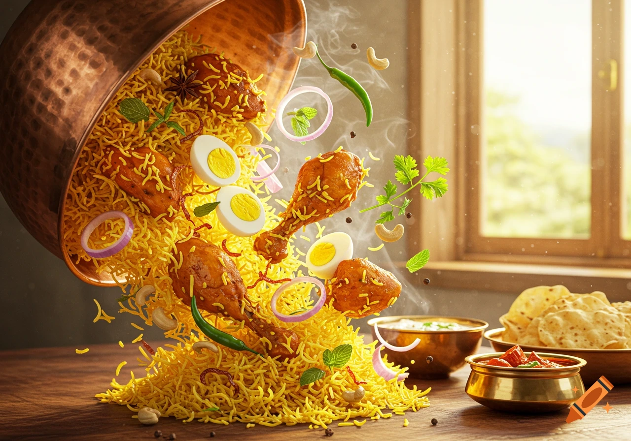 Indian chicken biryani on table with chicken lolipop top of the biryani ...