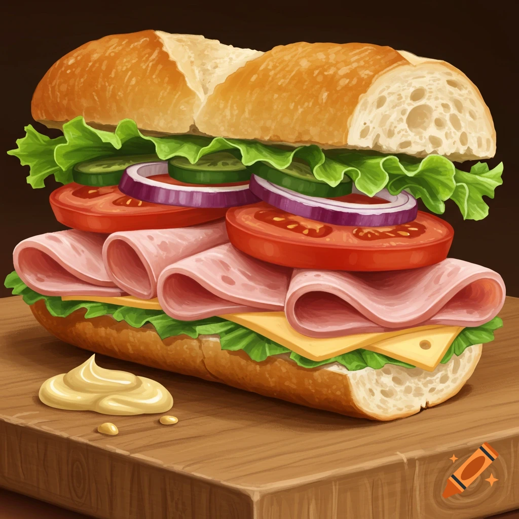 Stylized illustration of an open baguette sandwich with ham, cheese ...