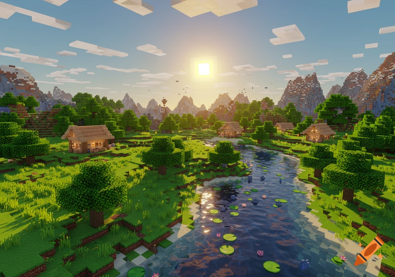 A Minecraft-style cave entrance illuminated by torches, with sunlight ...