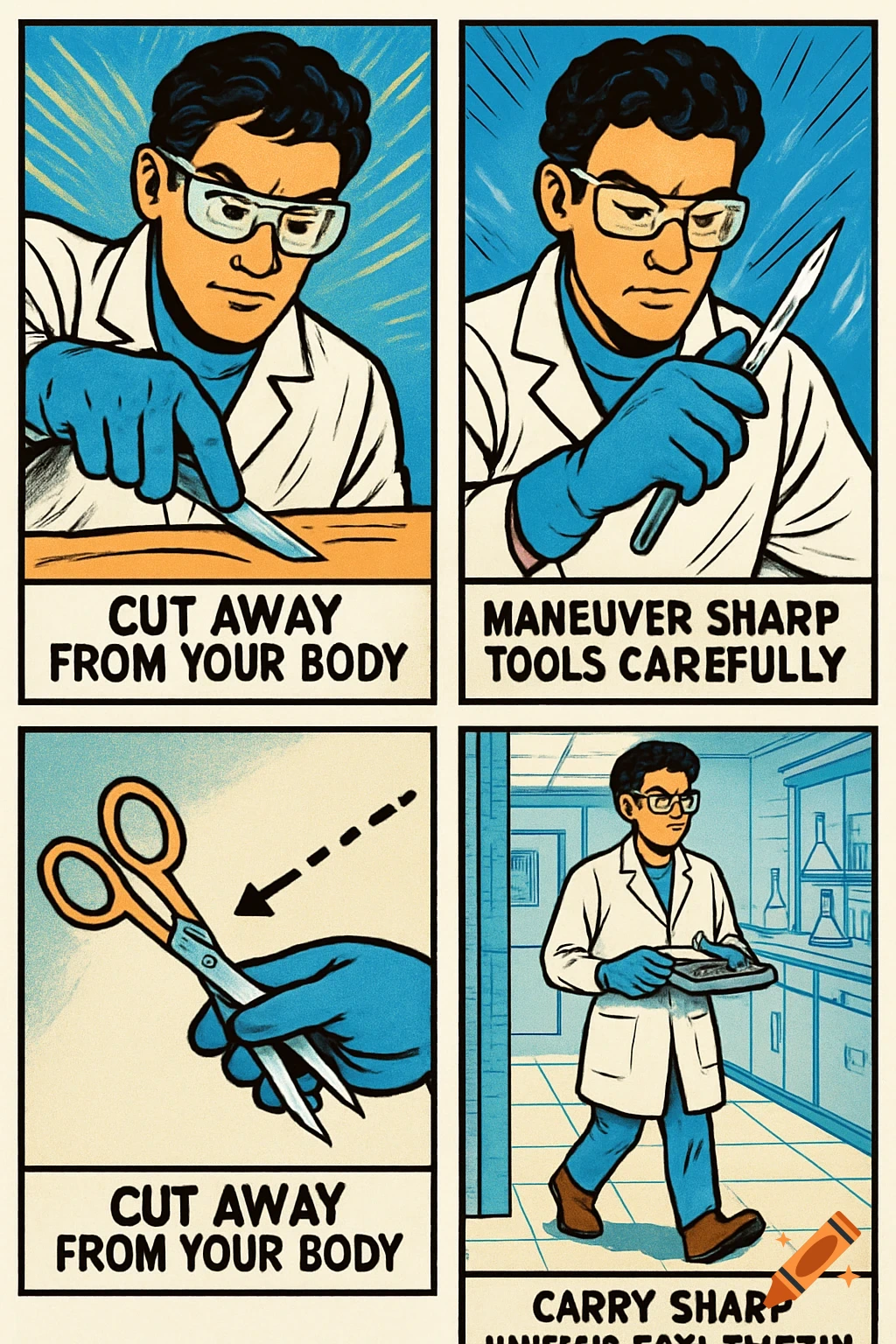 Four-panel comic strip in a lab safety poster style. A person in a lab ...