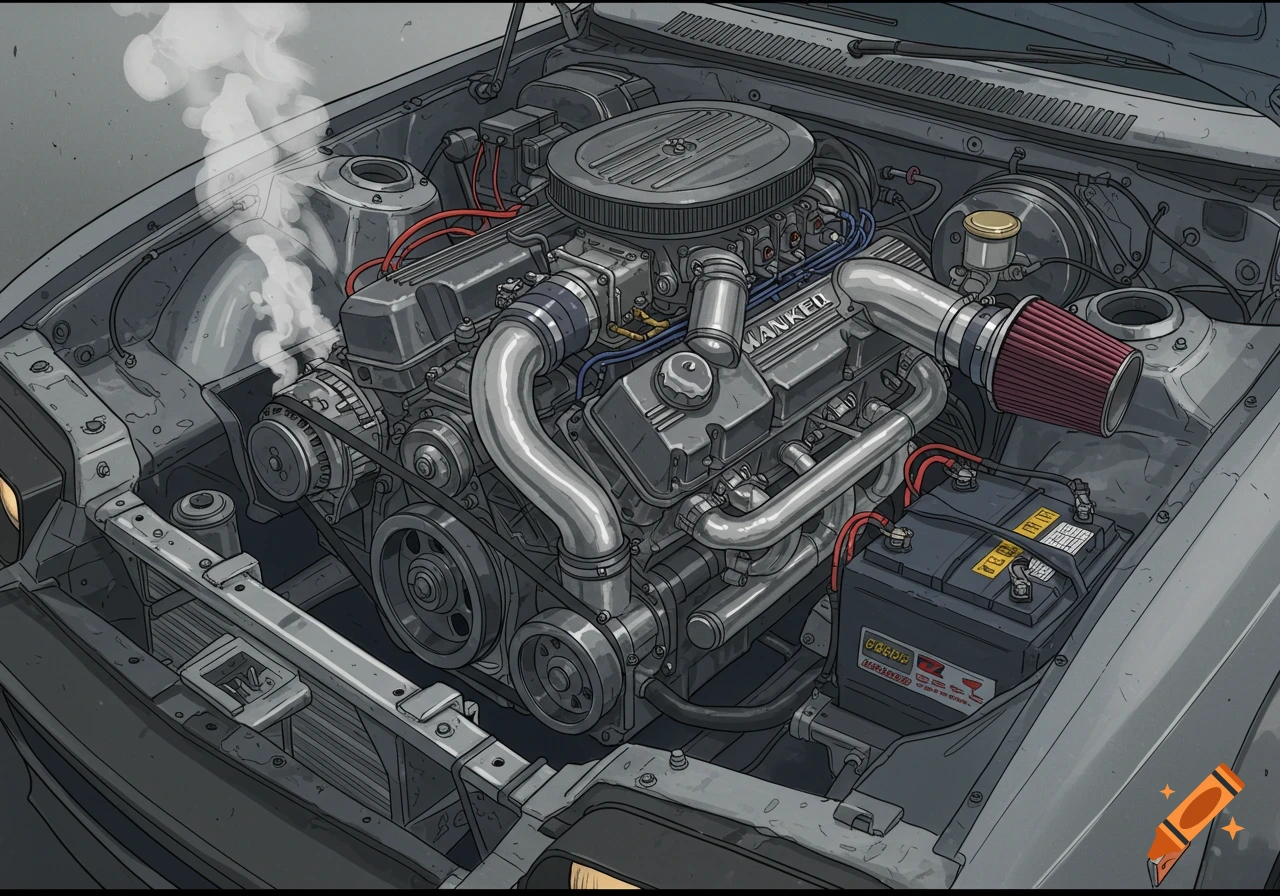 A detailed illustration of a car engine and radiator with blue arrows ...
