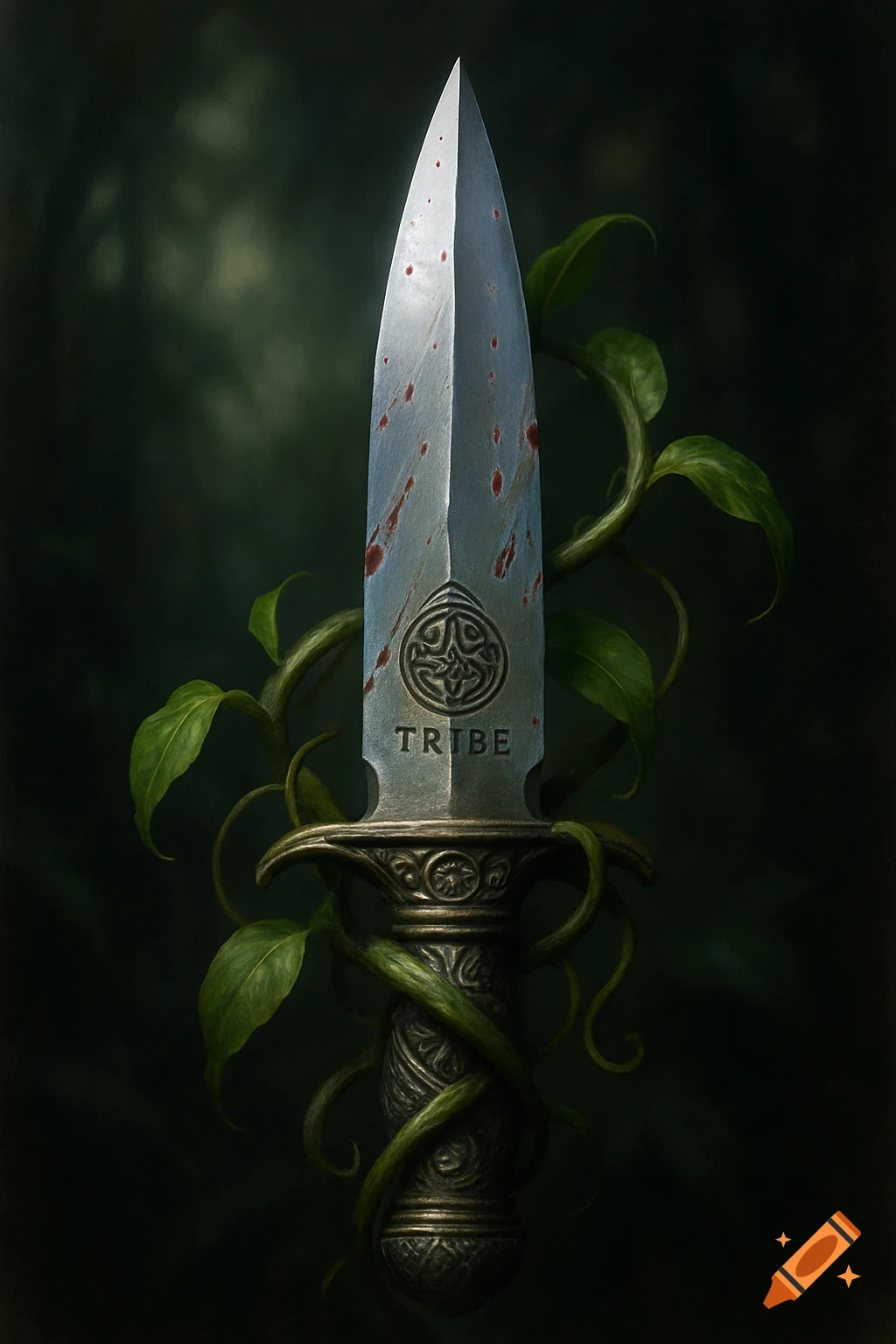 A sharp dagger with blood splatters and a 'TRIBE' engraving, wrapped in ...