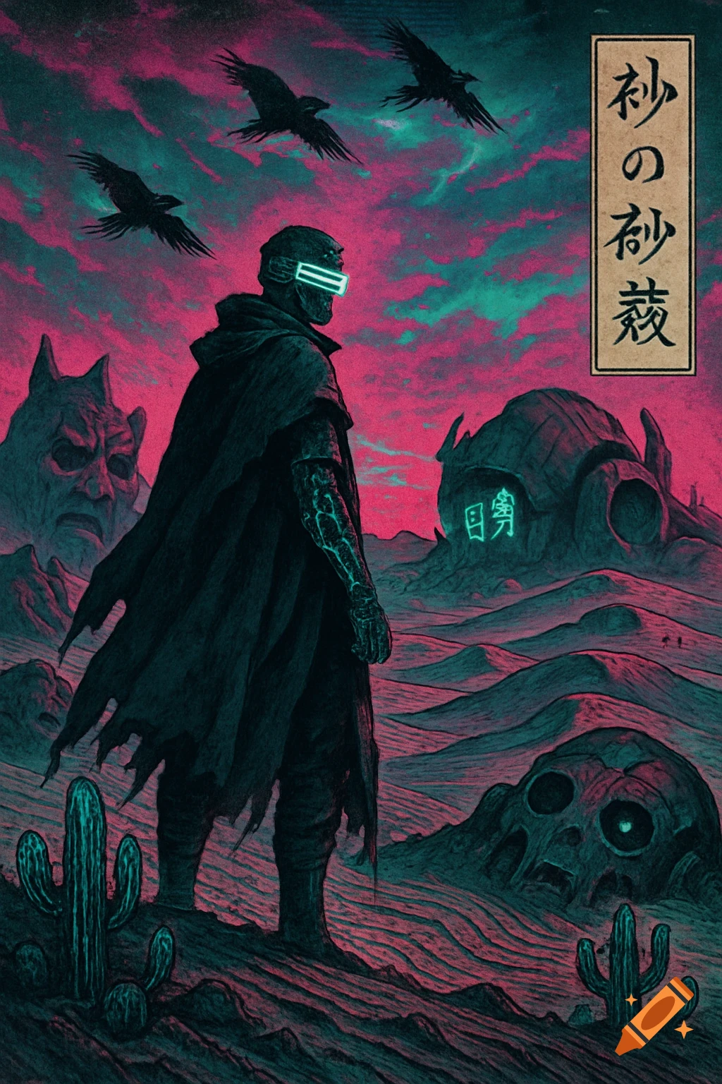 A lone anti-hero in a tattered cloak and luminous visor stands in a ...