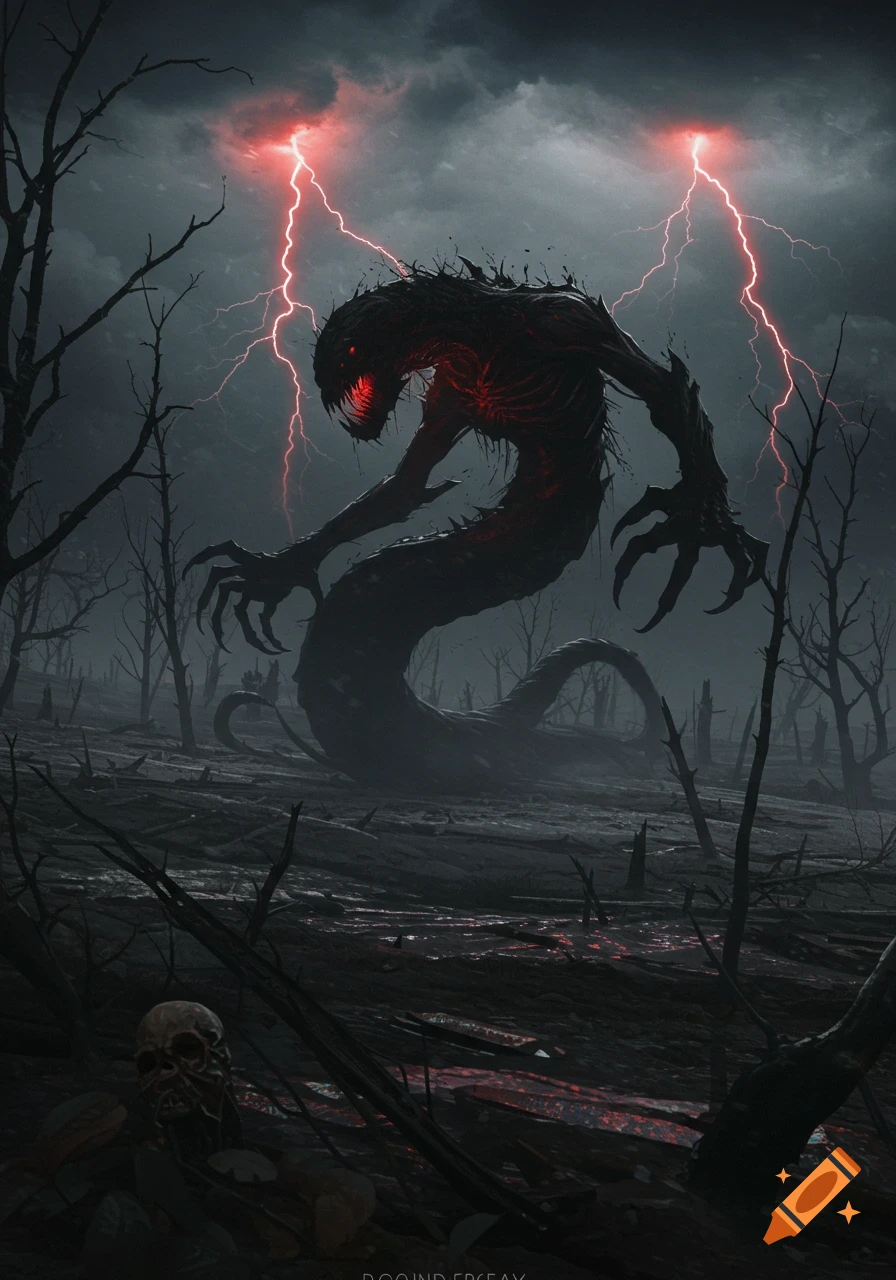A large, menacing dark creature with glowing red features stands in a ...