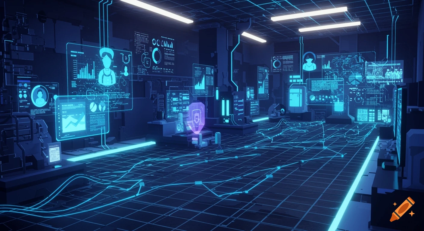A futuristic dark room with glowing blue computer screens displaying ...